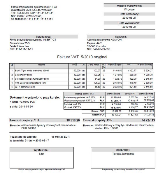 Wydruk Faktury W EURO I PLN